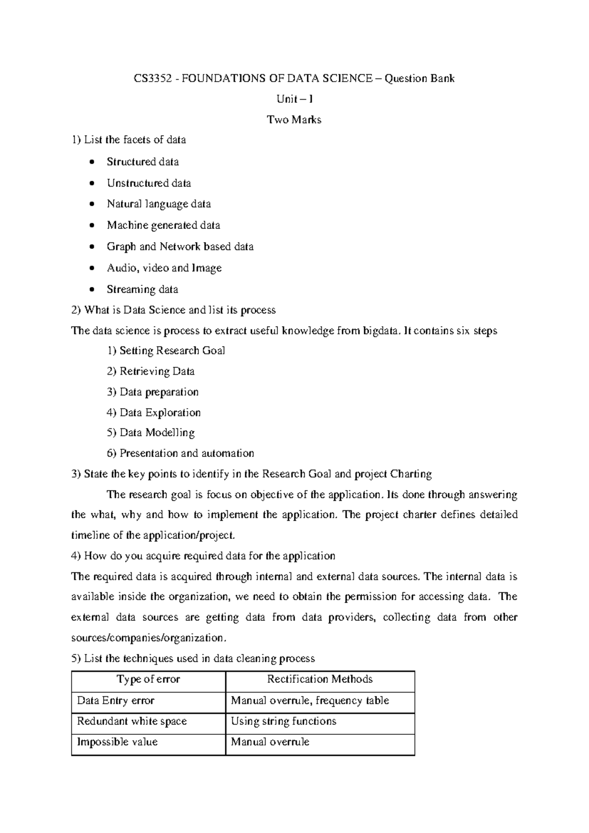 FDS CS3352 question bank - CS3352 - FOUNDATIONS OF DATA SCIENCE – Question Bank Unit – I Two ...