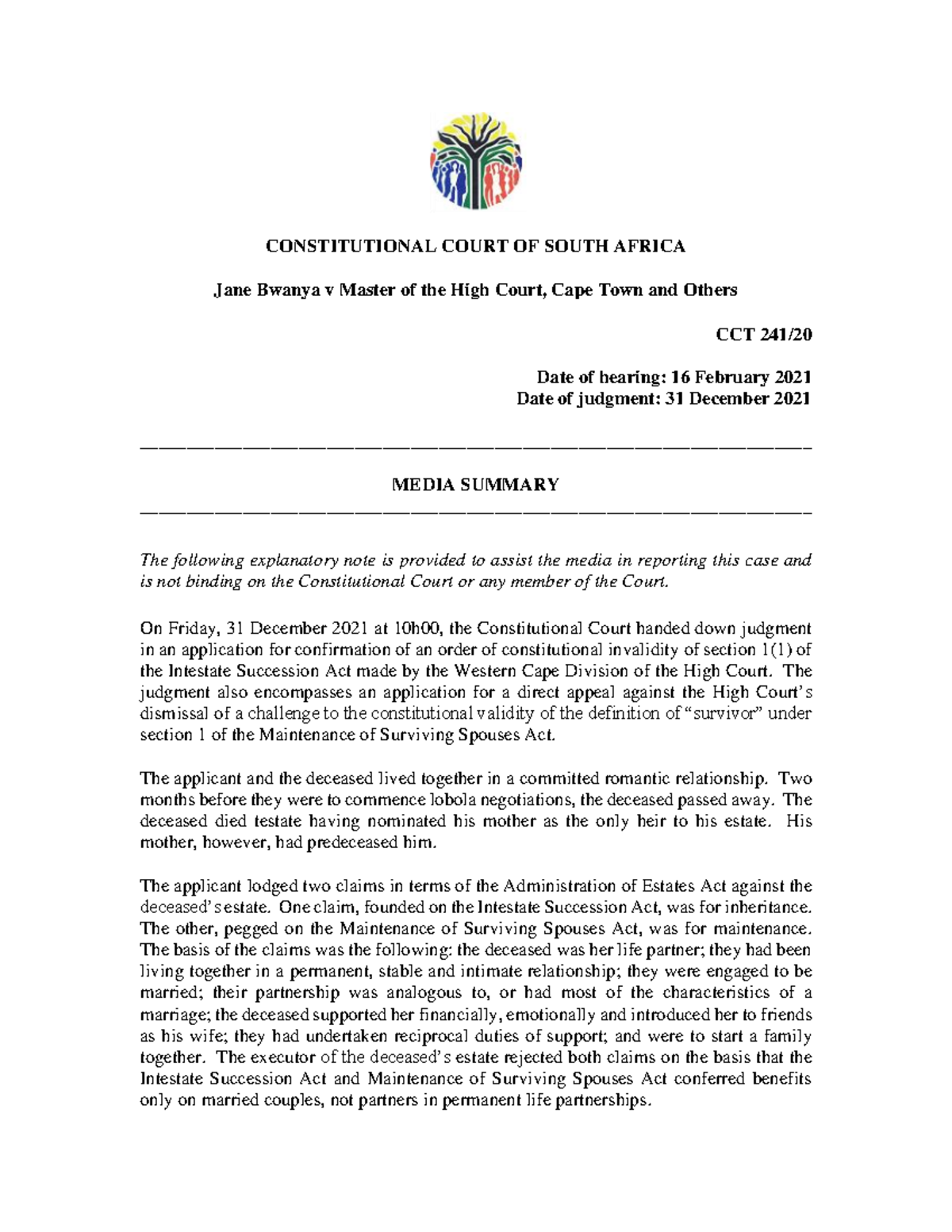 Bwanya CC summary - CONSTITUTIONAL COURT OF SOUTH AFRICA Jane Bwanya v ...