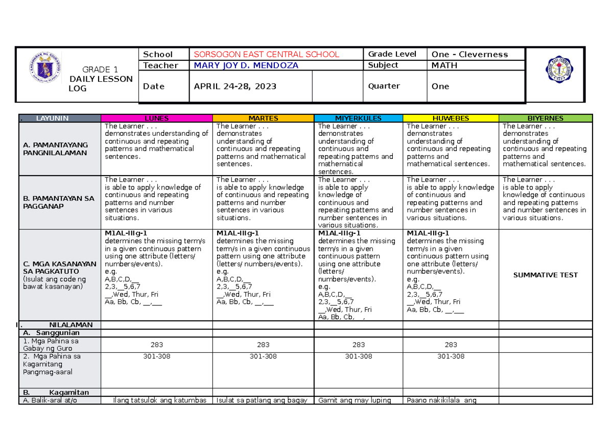 MATH Third Quarter WEEK 5 - GRADE 1 DAILY LESSON LOG School SORSOGON ...
