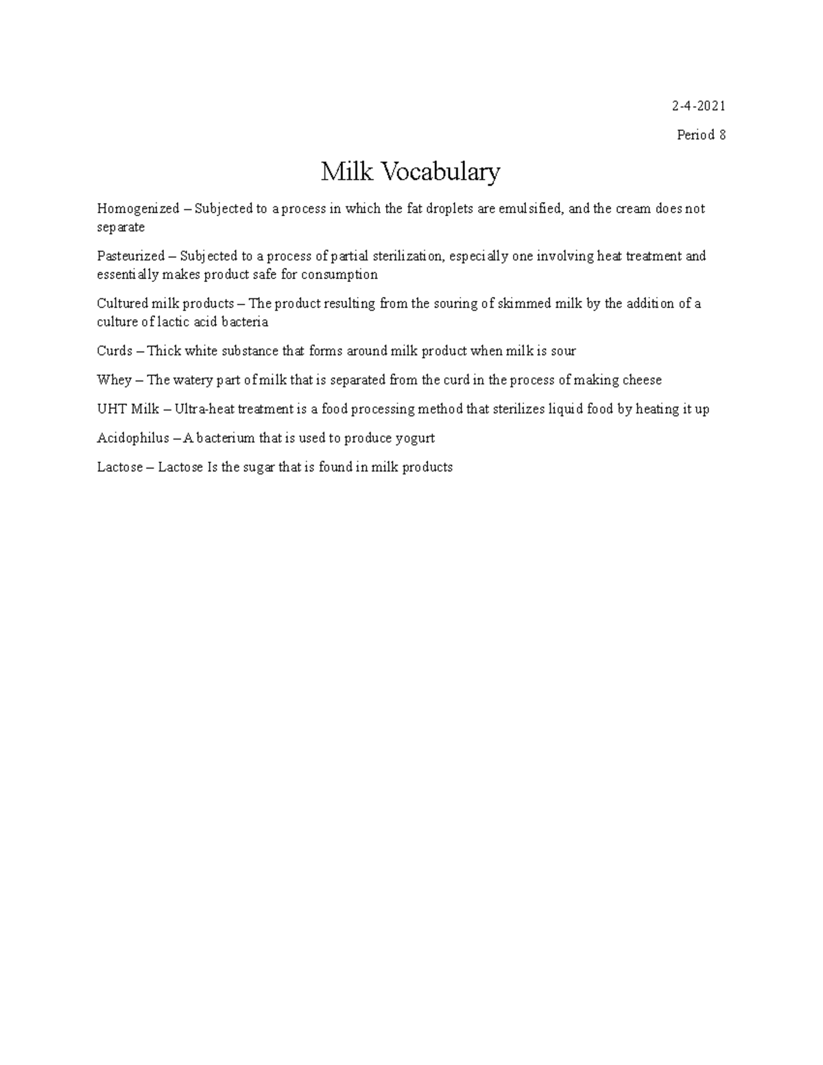 Milk Vocabulary - 2-4- Period 8 Milk Vocabulary Homogenized – Subjected ...