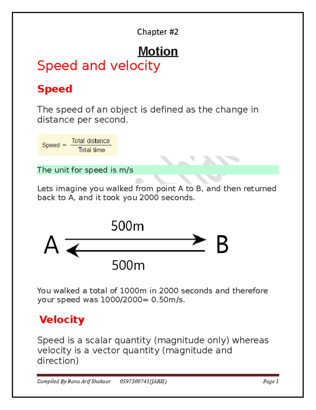 Chapte#2 - Chapter Motion Speed and velocity Speed The speed of an ...