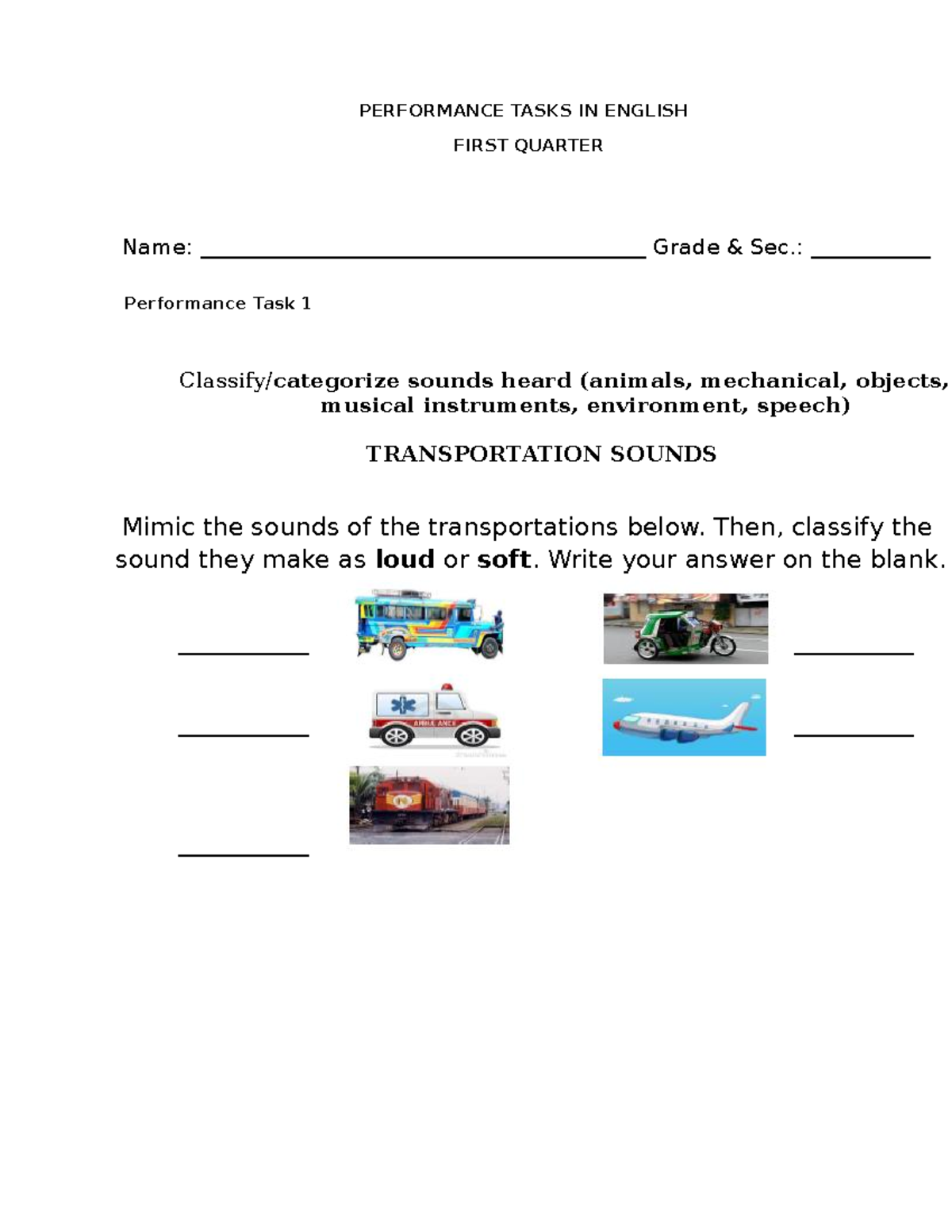 Performance TASK.html - Classify/categorize sounds heard (animals ...