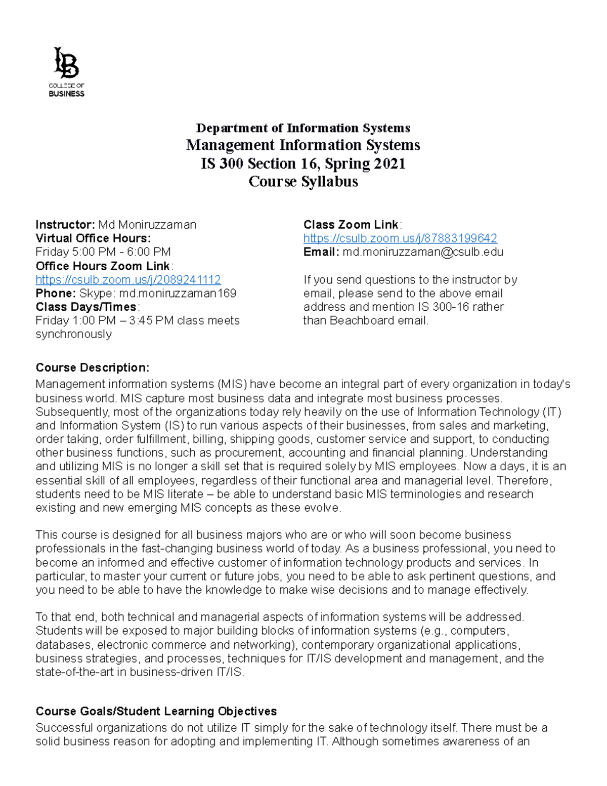 Syllabus Management Information Systems IS 300 - Department of ...