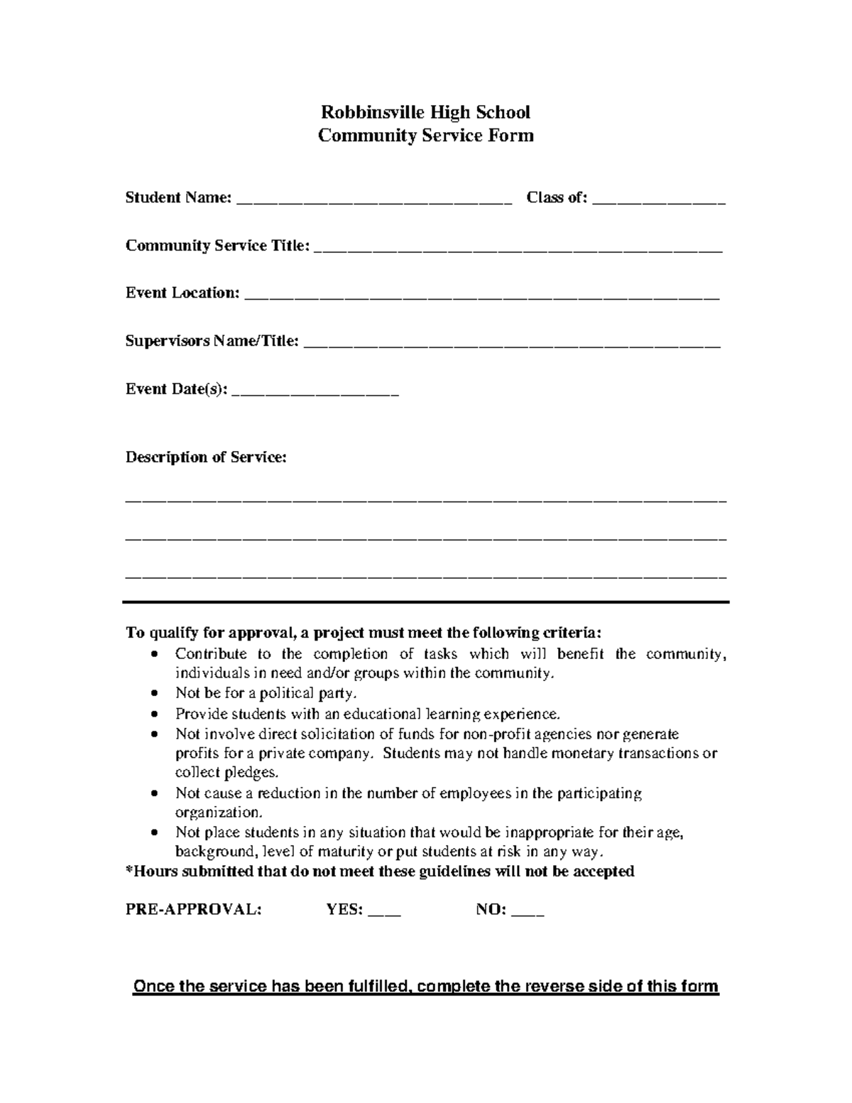 Community Service Form - Robbinsville High School Community Service ...