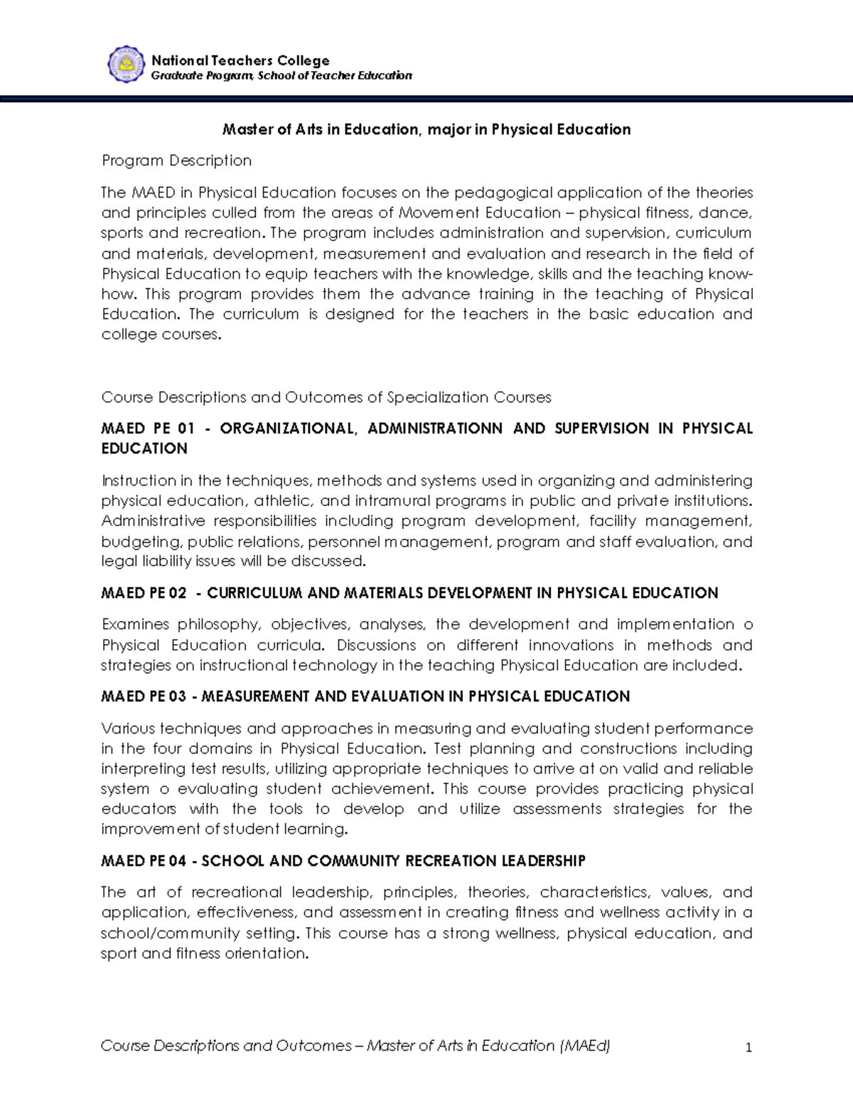 MAEd PE - COURSE DESC - Graduate Program, School of Teacher Education ...