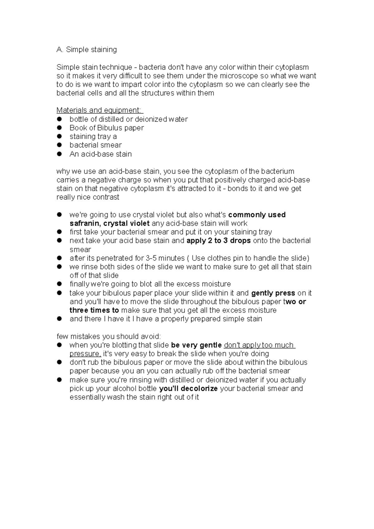 Simple staining - A. Simple staining Simple stain technique - bacteria ...