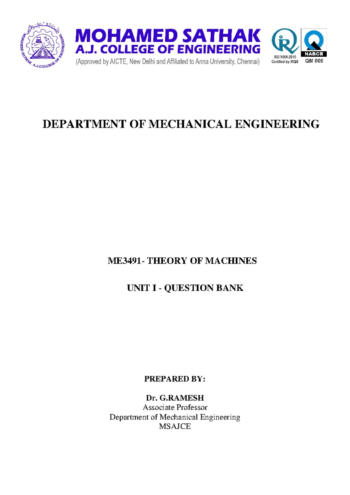 ME3491-QB - Hi this wrong - ME3491- THEORY OF MACHINES UNIT I ...