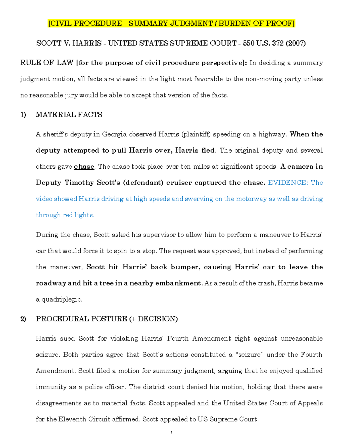 CIV. PRO - Case brief - Scott v. Harris - Summary Judgment TEST ...