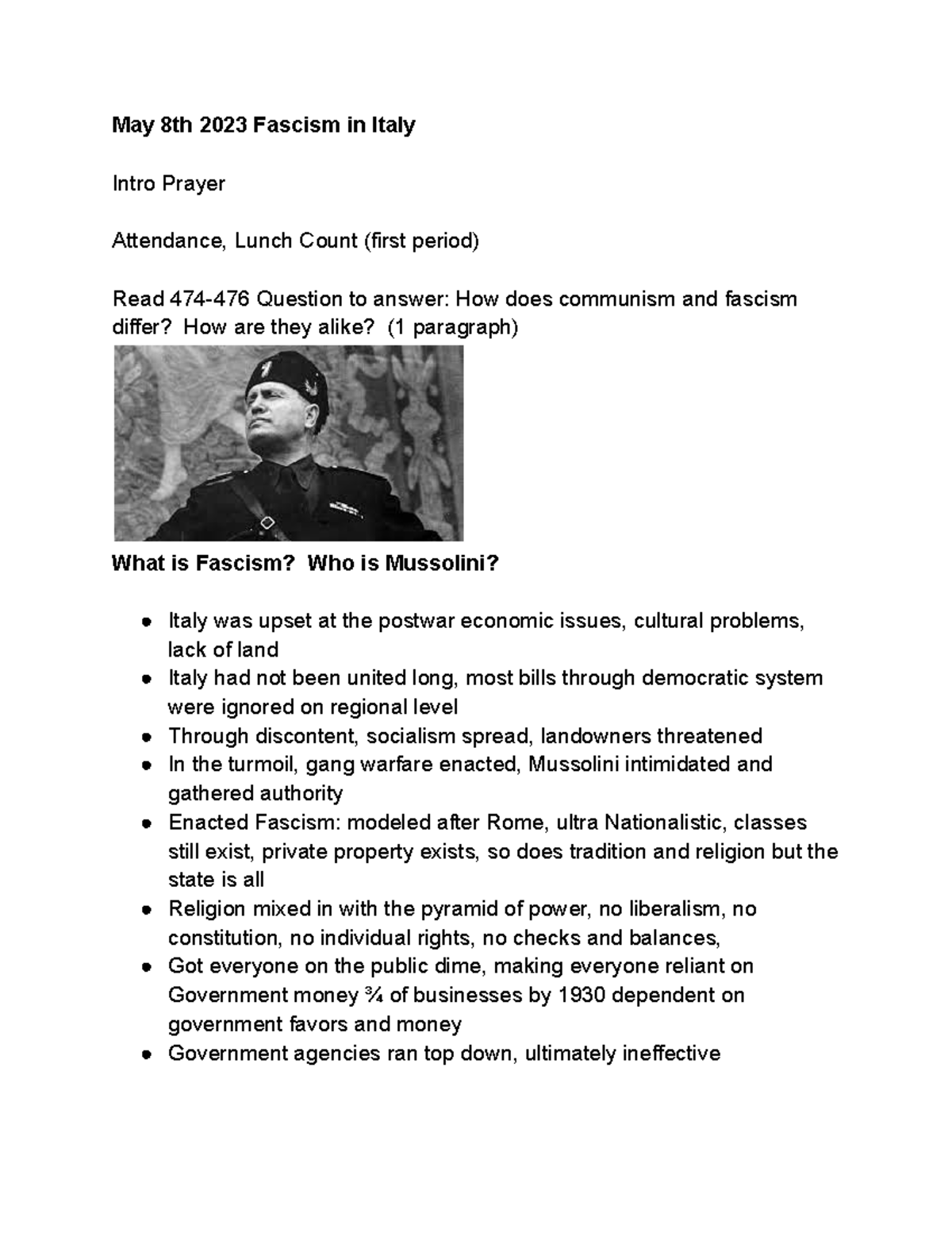 8-12 May World History - Class notes - May 8th 2023 Fascism in Italy ...