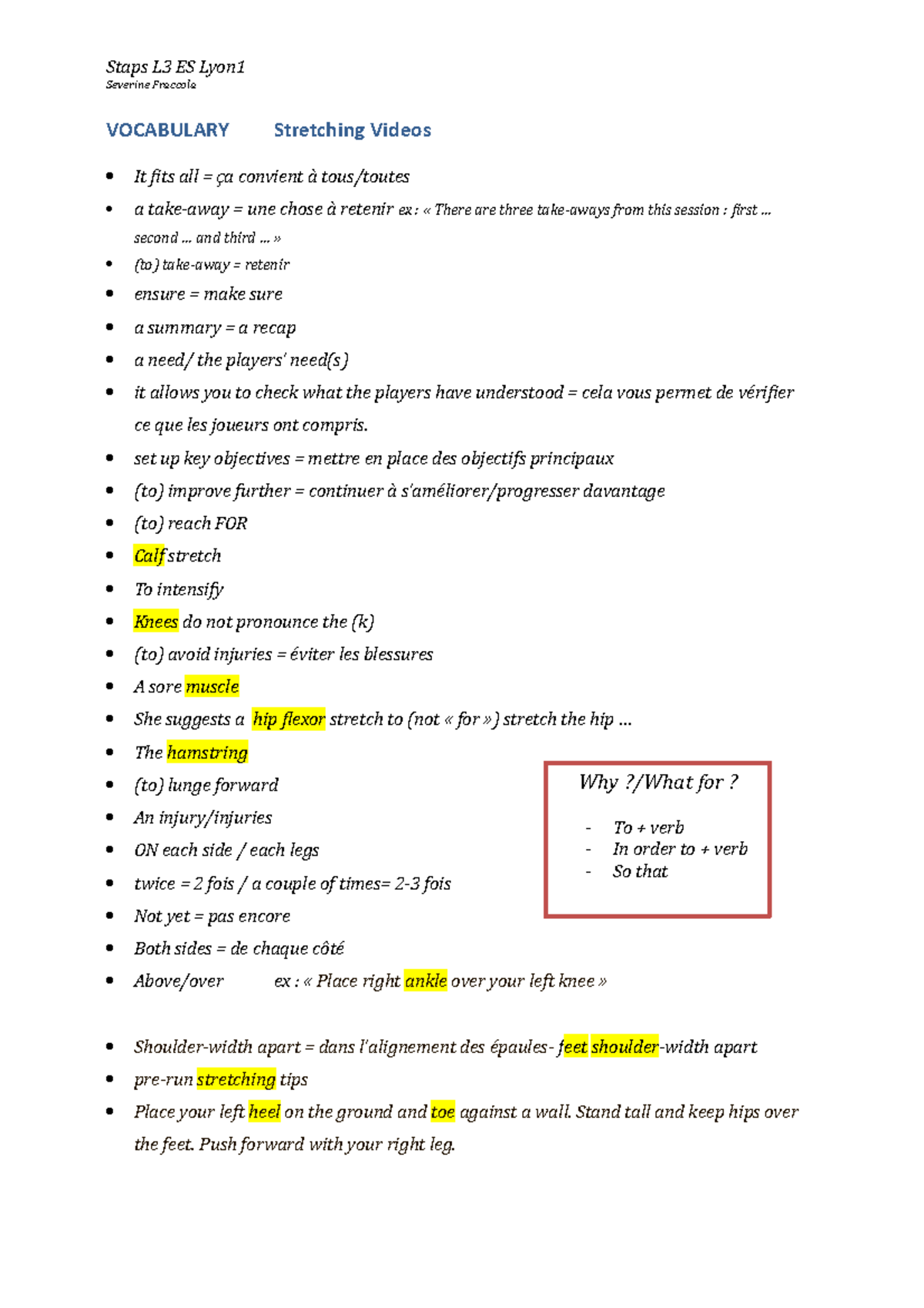 Vocabulary Recap for test - Staps L3 ES Lyon Severine Fraccola ...