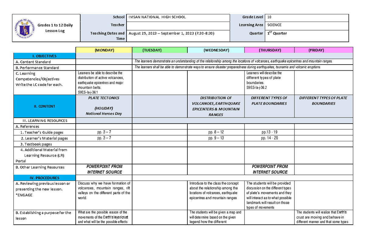 2023-2024 DLL in Science 10 Sept 4 to 8 2023 - Grades 1 to 12 Daily ...