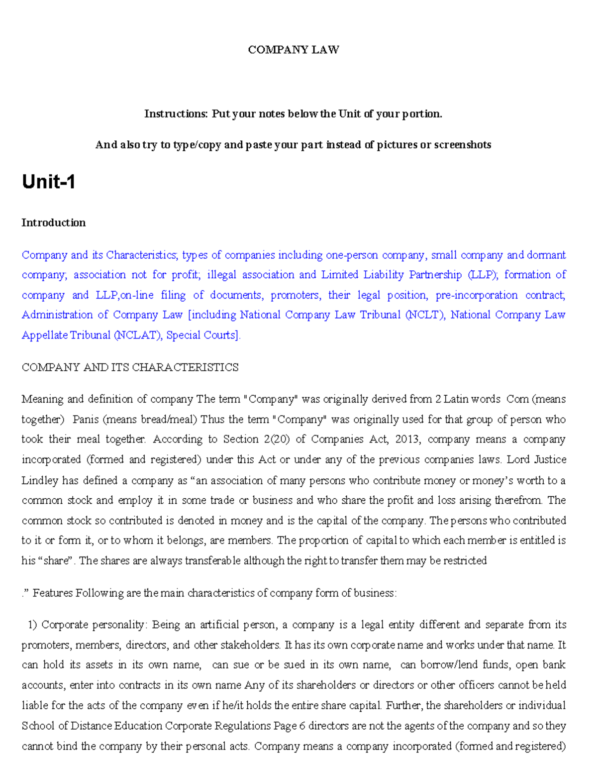 Company Law Notes - COMPANY LAW Instructions: Put your notes below the ...