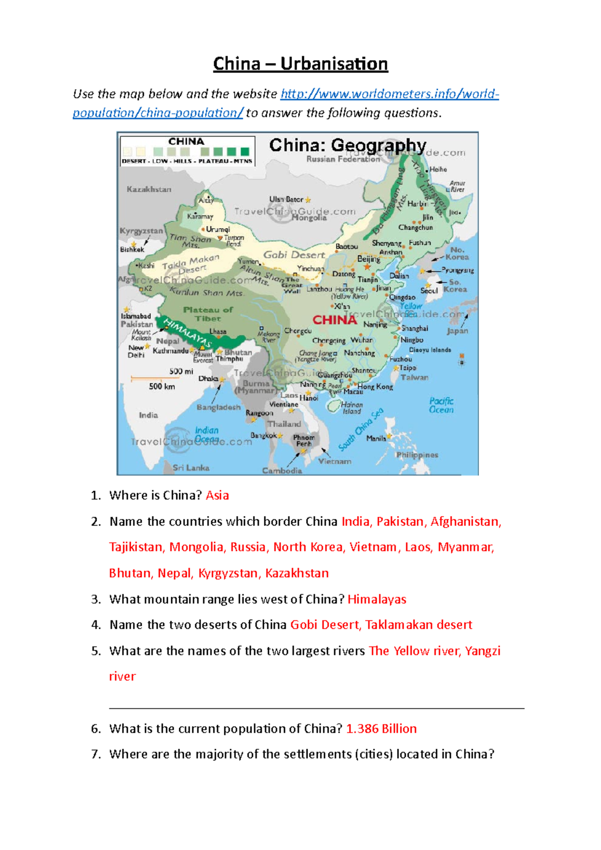 China location worksheet - China – Urbanisation Use the map below and ...