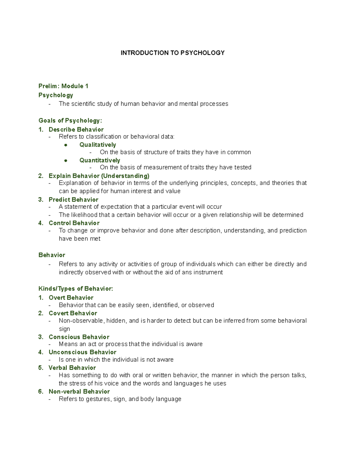 Intropsy (Study Guide) - INTRODUCTION TO PSYCHOLOGY Prelim: Module 1 ...