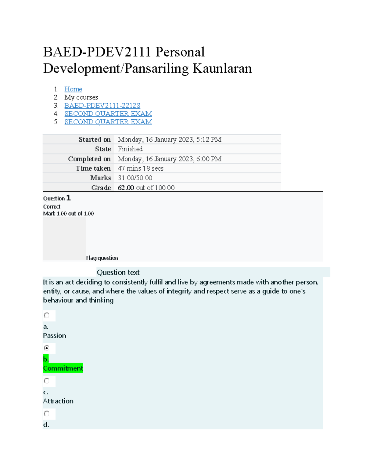Pdfcoffee.com pdev2111-2nd-quarter-exam-pdf-free - BAED-PDEV2111 Personal Development ...