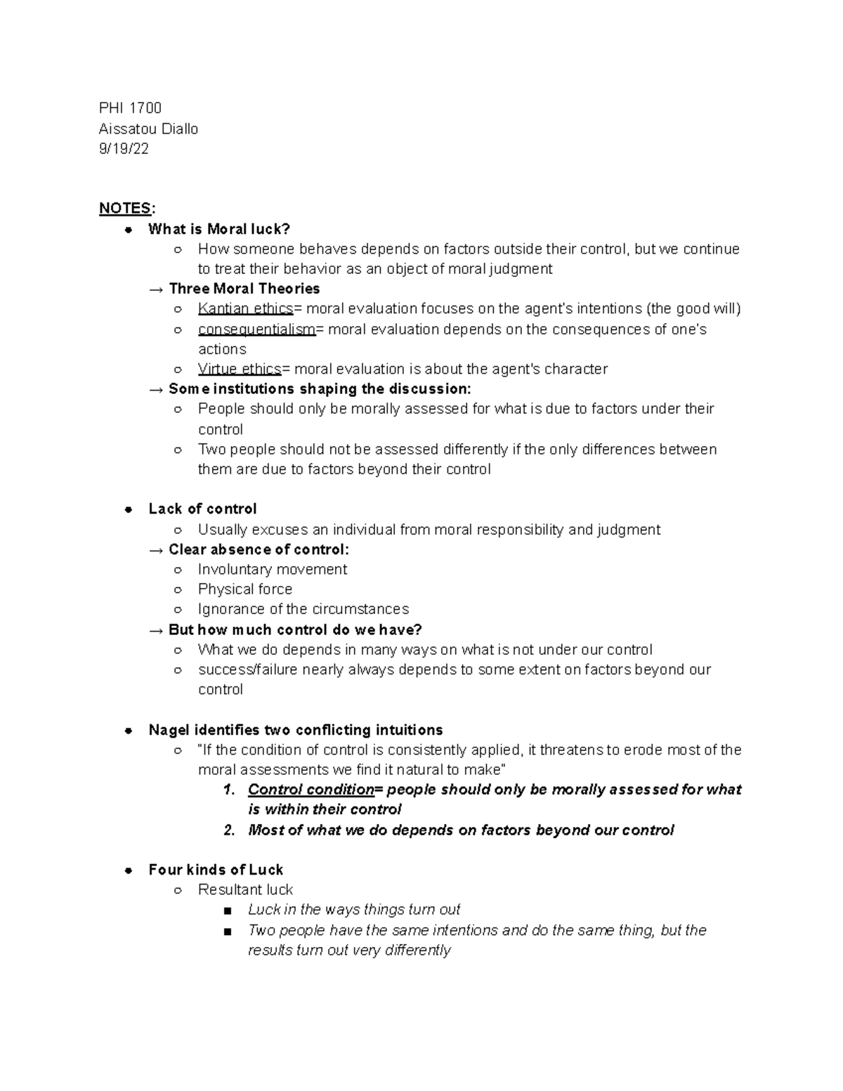 PHI 1700-9 19 22 - The notes is based on Negal and Moral Luck. - PHI ...