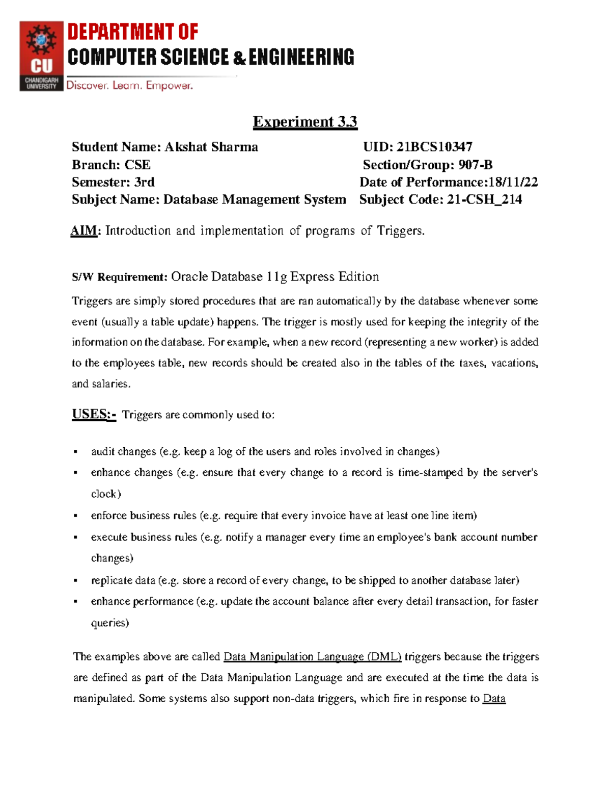 3.3 akshat sharma - Worksheet of dbms - COMPUTER SCIENCE & ENGINEERING Experiment 3. Student ...