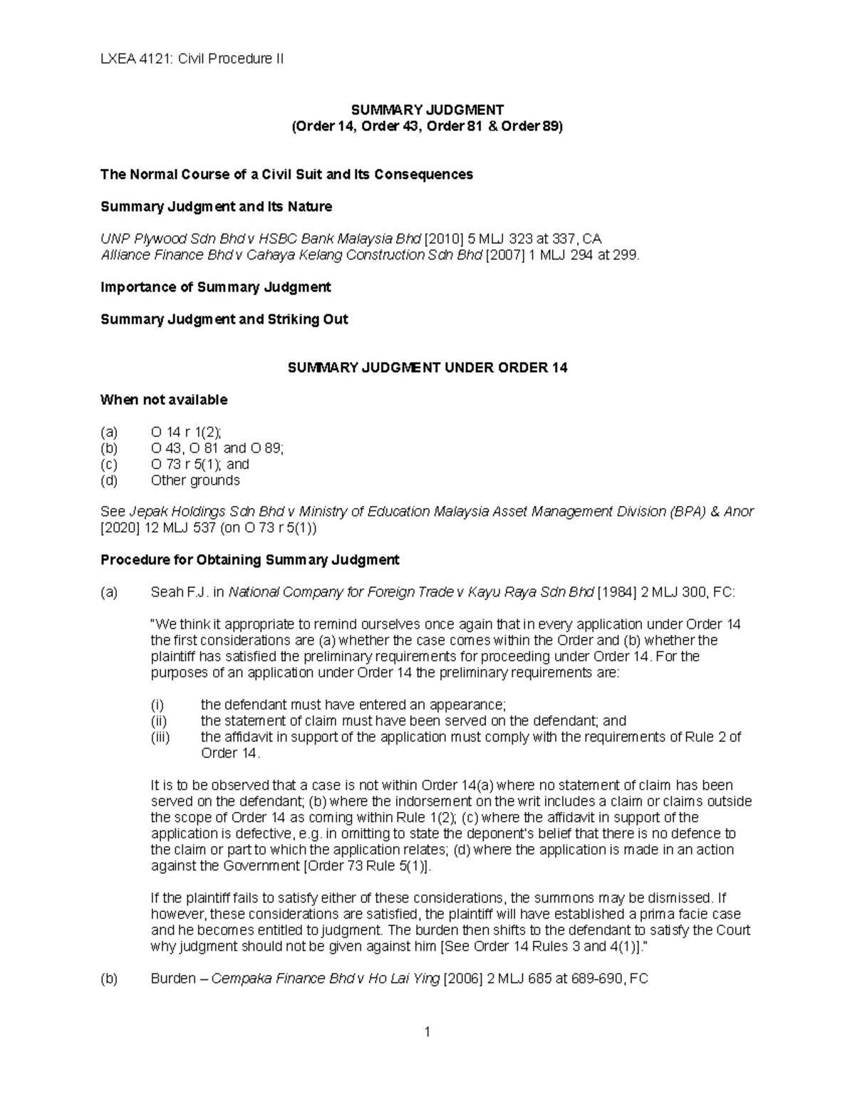 Complete Course Outline - LIA4013 2020-2021 - SUMMARY JUDGMENT (Order ...