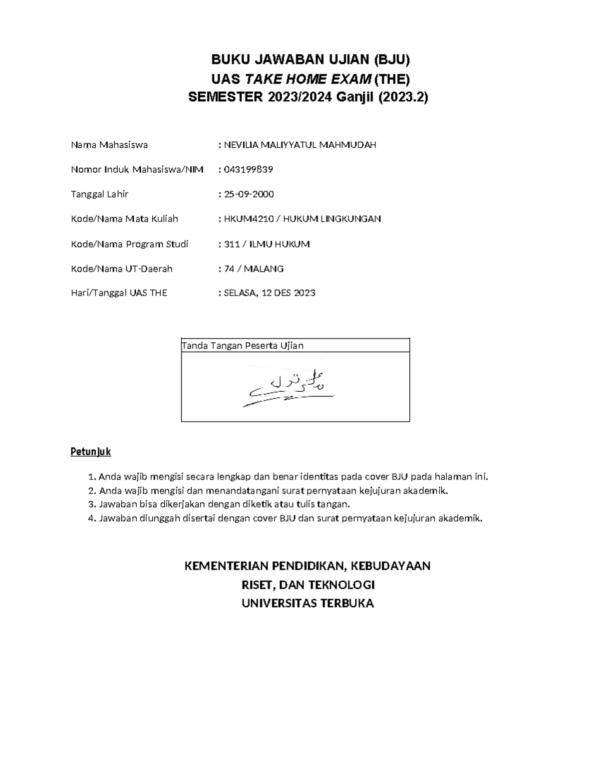 BJU Umum - LEMBAR JAWABAN UMUM - Tanda Tangan Peserta Ujian BUKU JAWABAN UJIAN (BJU) UAS TAKE ...