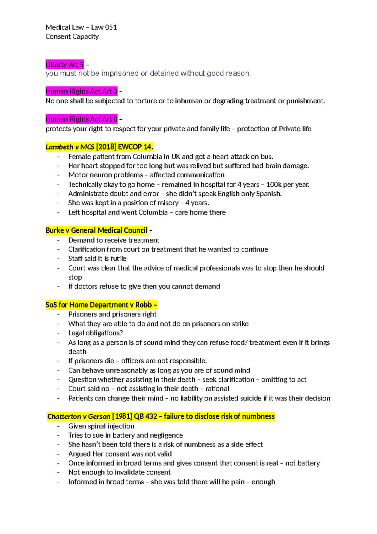 Medical Law - short notes - Medical Law – Law 051 Consent Capacity ...
