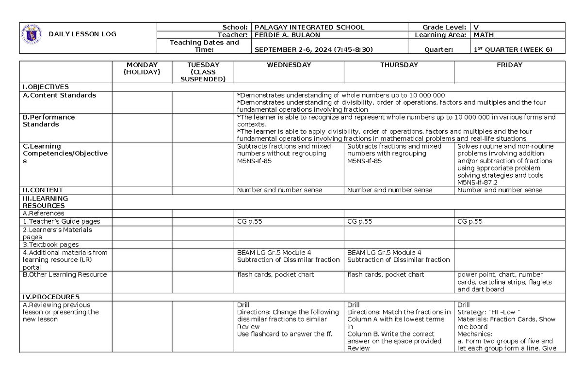 DLL MATH V 1Q W6 - Daily Lesson log - DAILY LESSON LOG School: PALAGAY ...