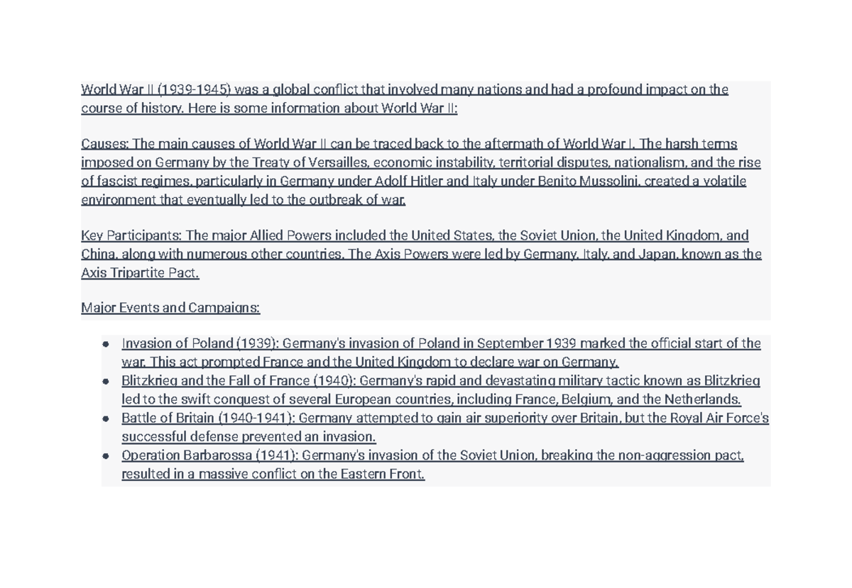 World War 2notes - World War II (1939-1945) was a global conflict that ...