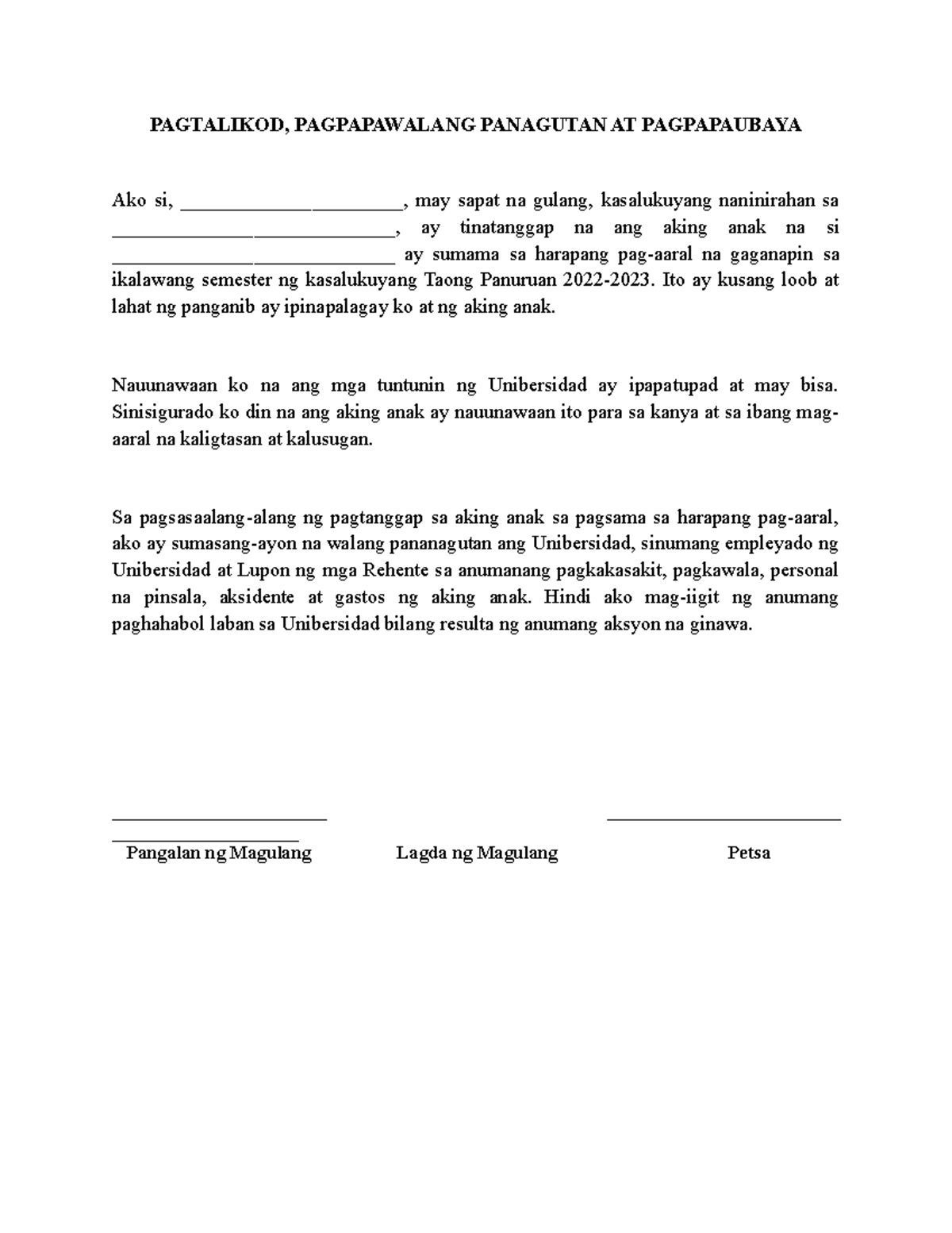 Parents-Waiver - REVIEWER - PAGTALIKOD, PAGPAPAWALANG PANAGUTAN AT ...