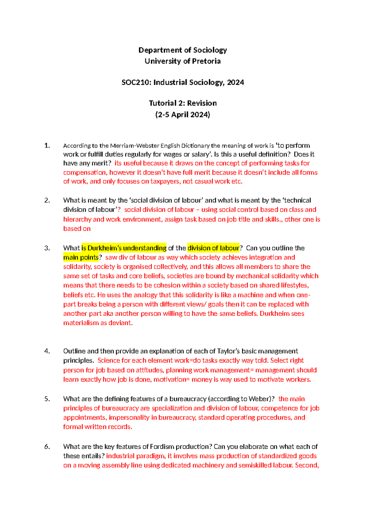 Tutorial 2 - Department of Sociology University of Pretoria SOC210 ...