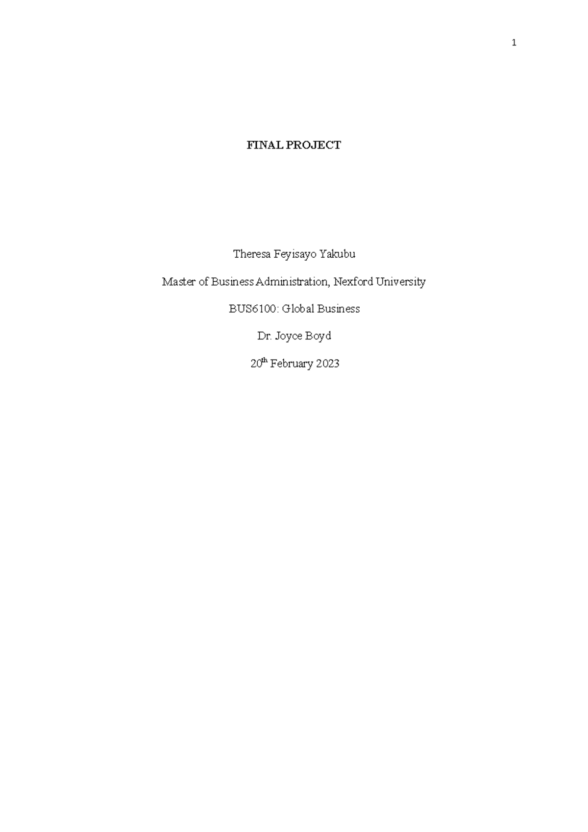 BUS6100 Final Project - MBA Assignment - FINAL PROJECT Theresa Feyisayo ...