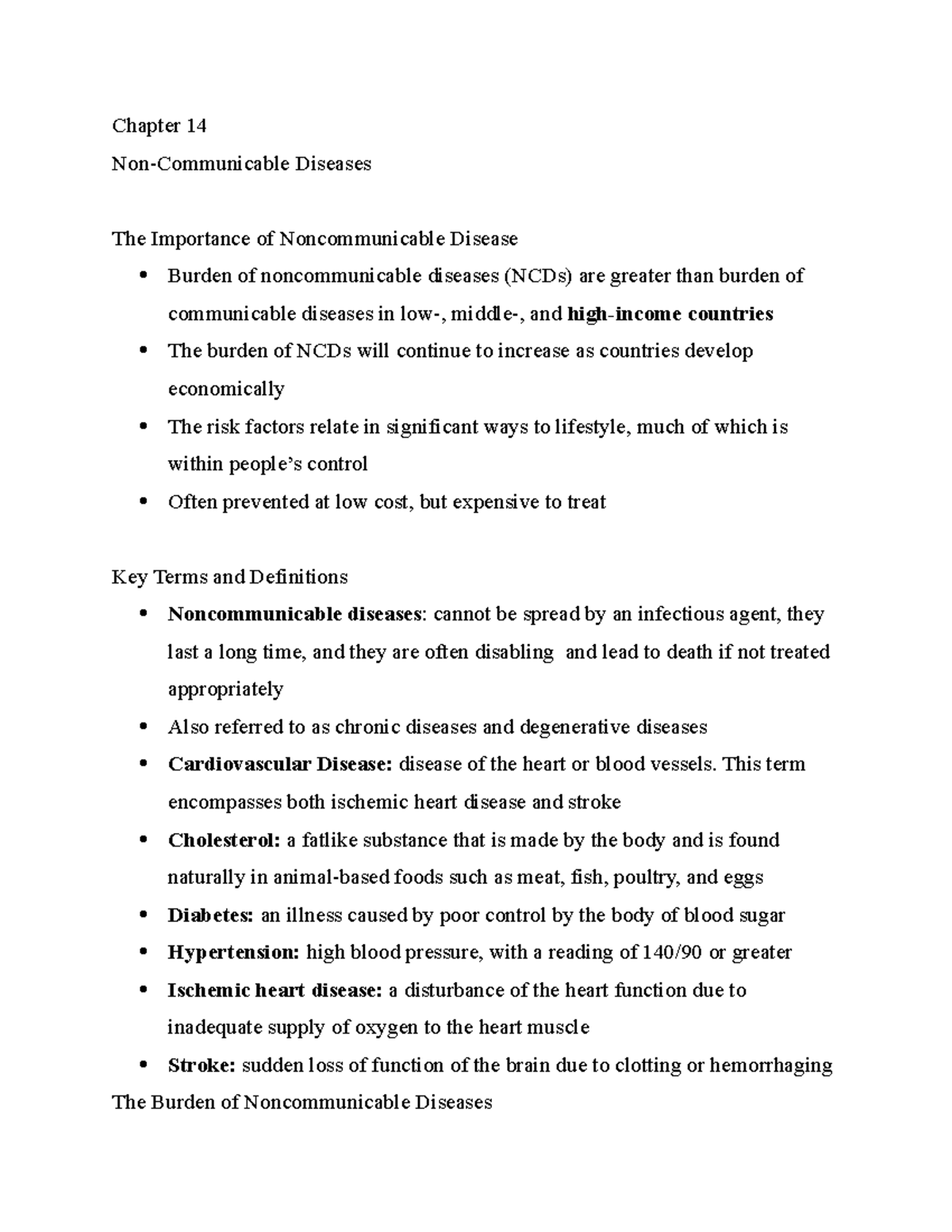 HEA 310 Chapter 14 Notes - Chapter 14 Non-Communicable Diseases The ...