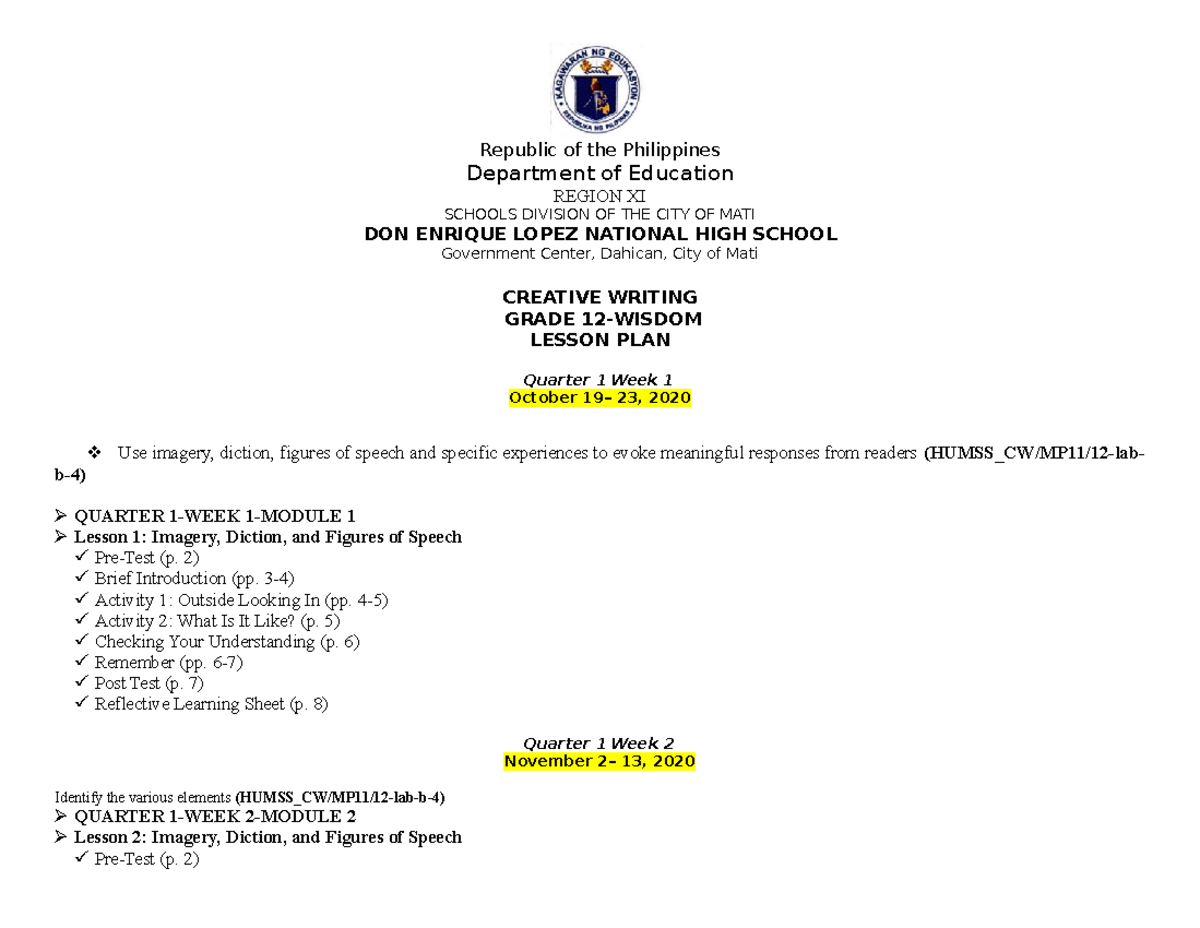2020 Lesson PLAN - Republic of the Philippines Department of Education REGION XI SCHOOLS ...