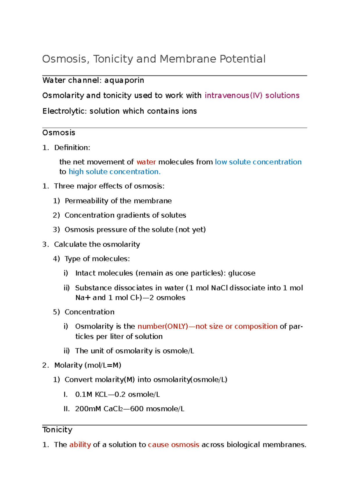 Physiology - Lecture notes 1 - Osmosis, Tonicity and Membrane Potential ...