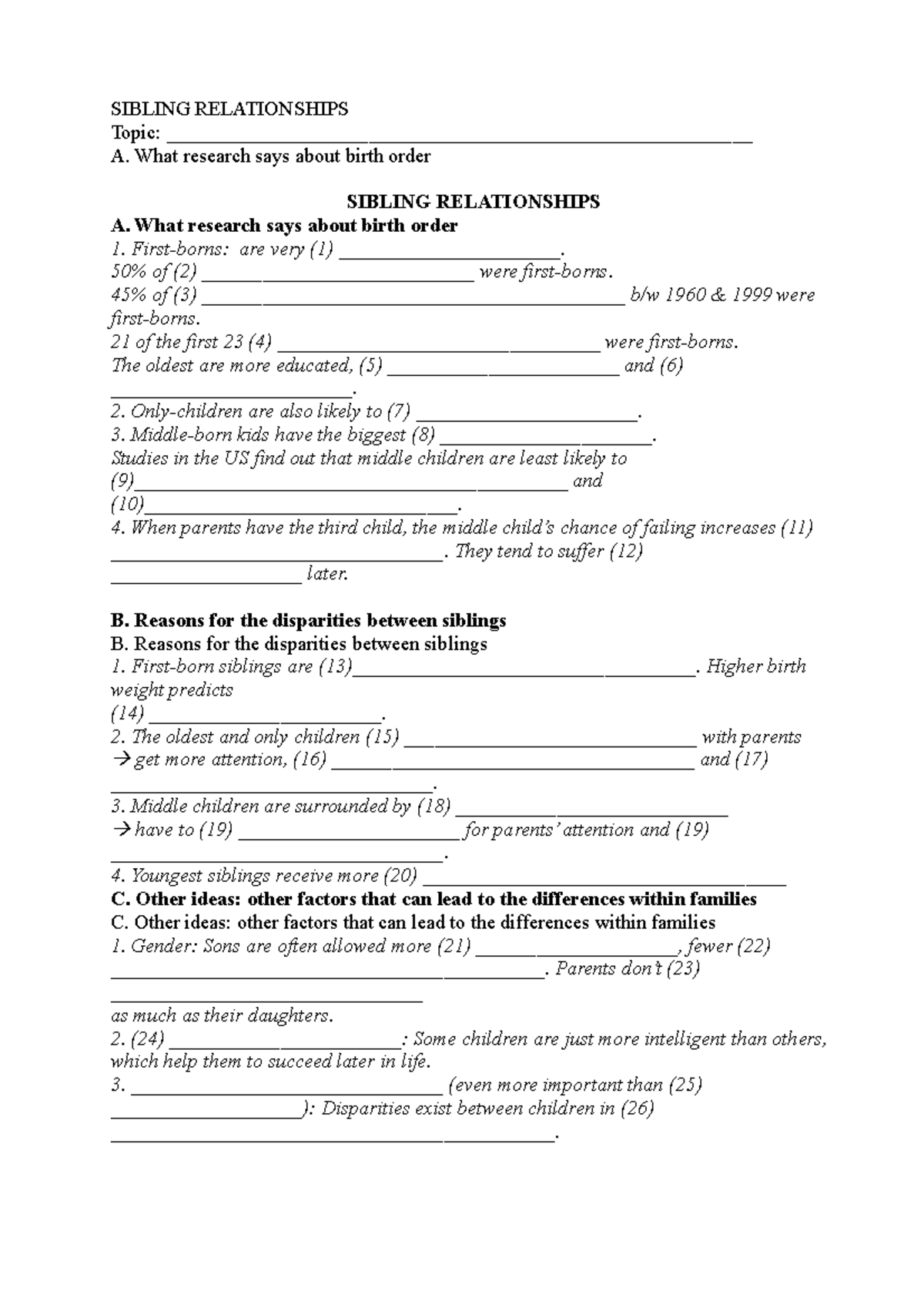 Sibling Relationships - SIBLING RELATIONSHIPS Topic: - Studocu