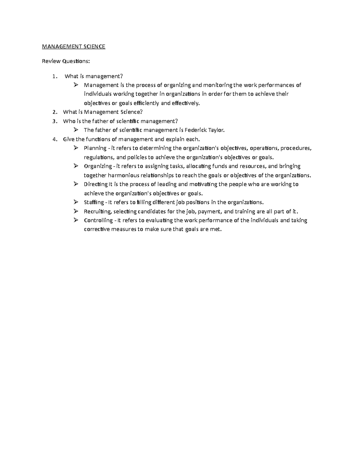 Mngt science - ABC - MANAGEMENT SCIENCE Review Questions: What is ...