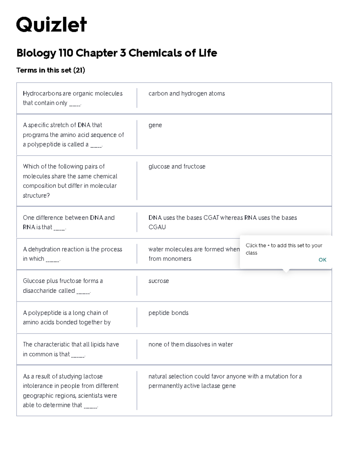 Biology 110 Chapter 3 Chemicals of Life Flashcards Quizlet - Biology ...
