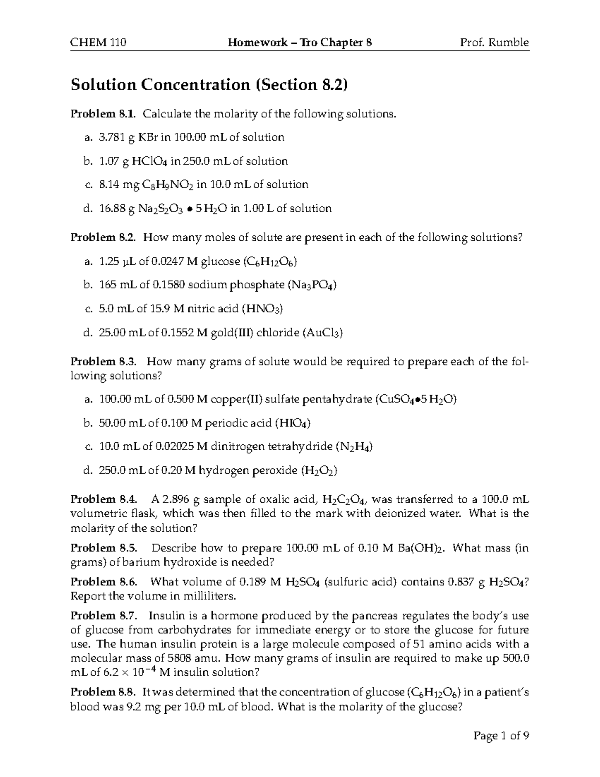 Ch8 problems - Chapter homework - Solution Concentration (Section 8) Problem 8. Calculate the ...