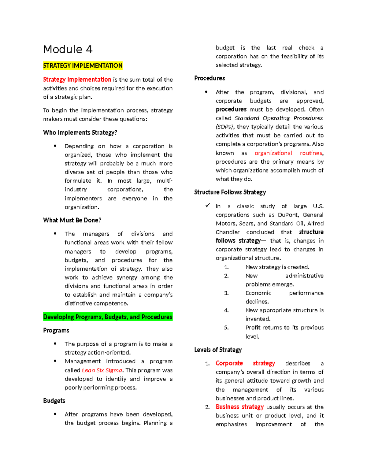 Strat- Reviewer- Recit - Module 4 STRATEGY IMPLEMENTATION Strategy ...