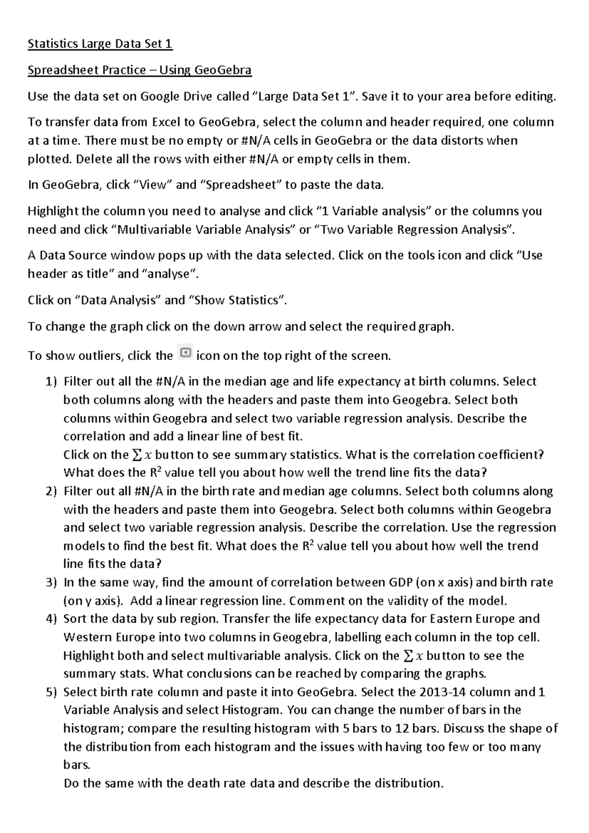 Lds 1 Practice Worksheet 3 Using Geogebra Statistics Large Data Set 1 Spreadsheet Practice