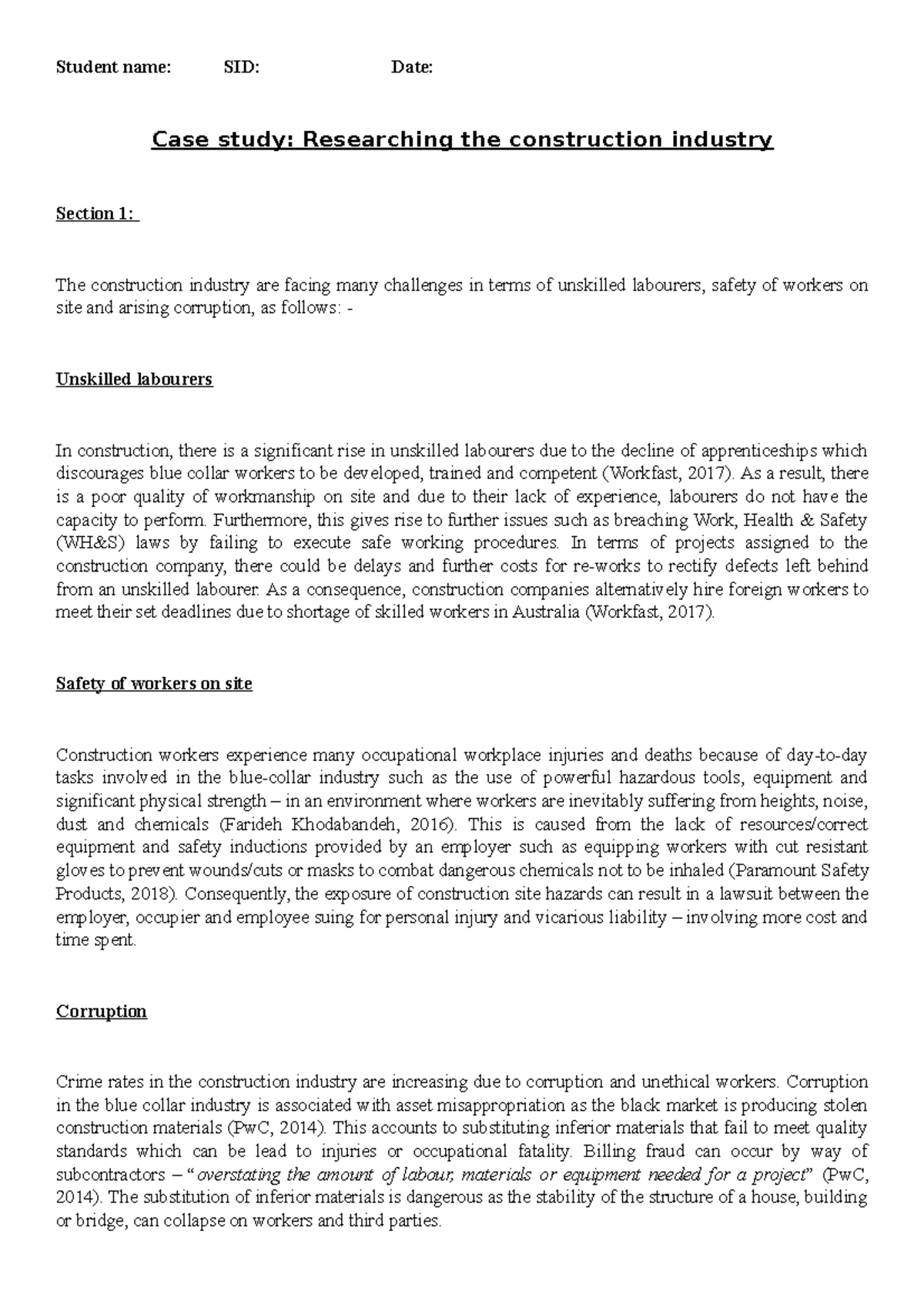Assessment 2 Case study: Researching the construction industry ...