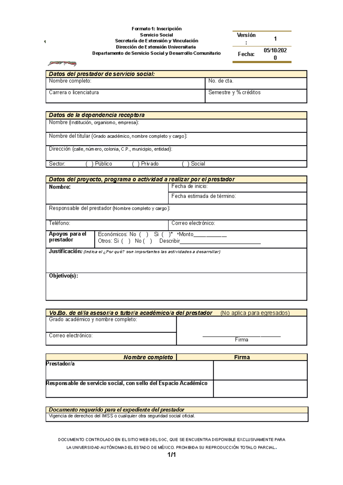 Formato 1 inscripción al servicio social UAEM versión octubre del 2020 ...