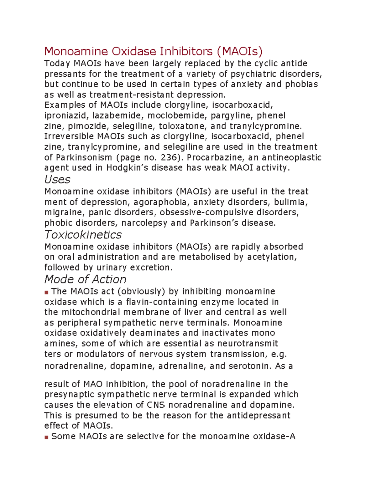 Monoamine Oxidase Inhibitors - Examples of MAOIs include clorgyline ...