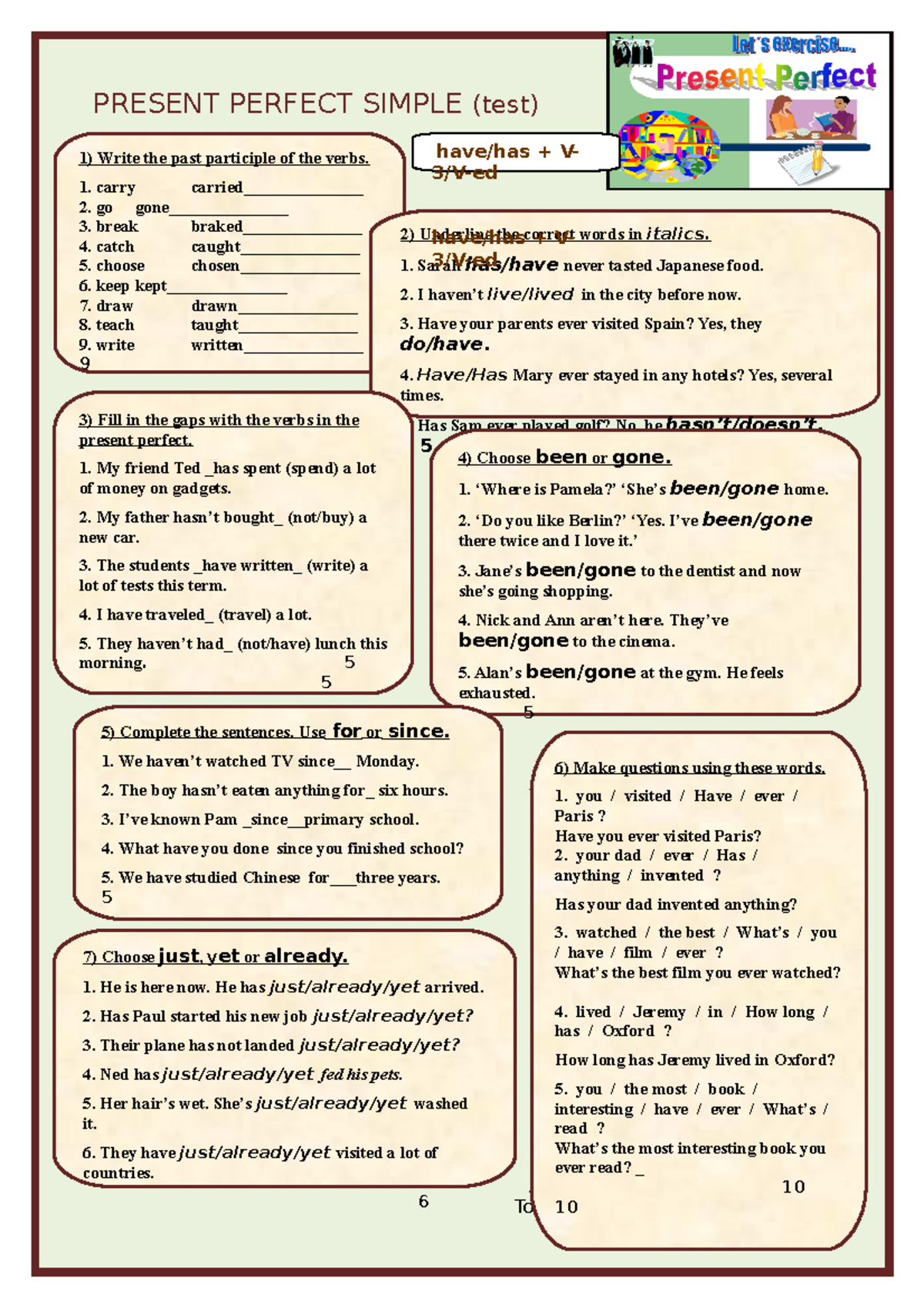 Present perfect worksheet complete - PRESENT PERFECT SIMPLE (test ...