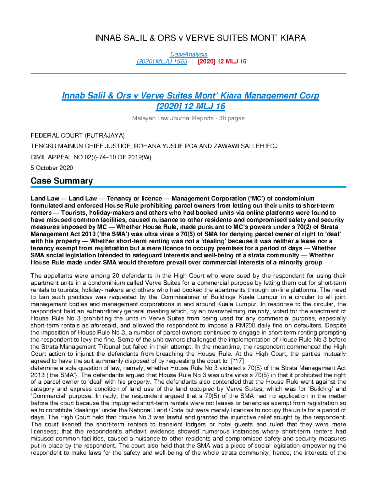 Innab Salil & Ors v Verve Suites Mont’ Kiara Management - The need to ...