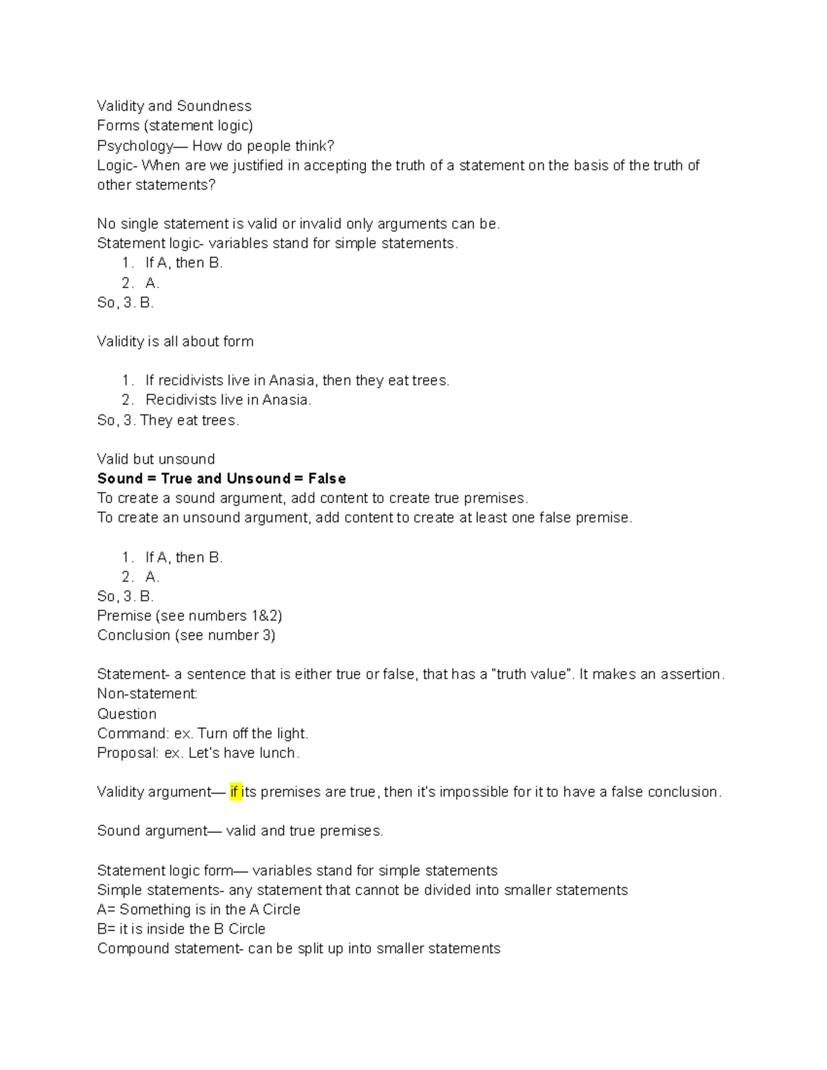 Intro to Logic Notes - Validity and Soundness Forms (statement logic ...
