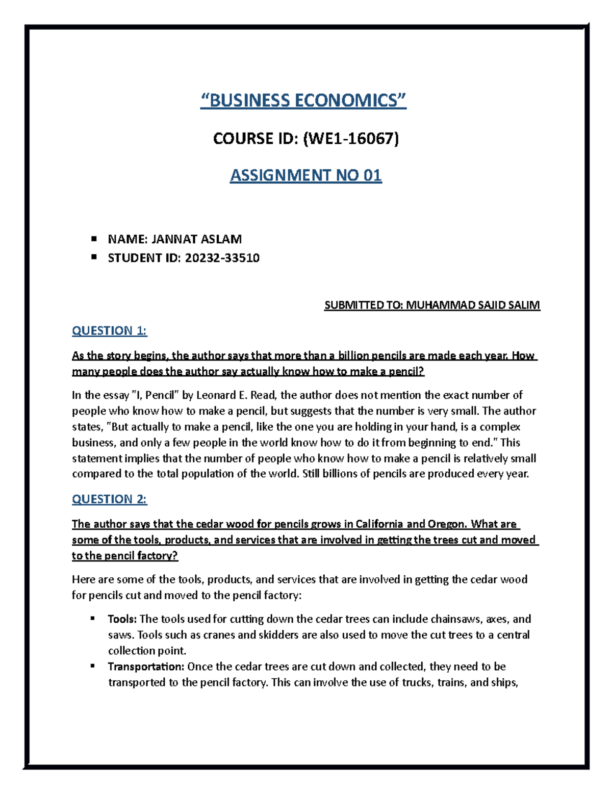 Business Economics-Assignment - “BUSINESS ECONOMICS” COURSE ID: (WE1 ...