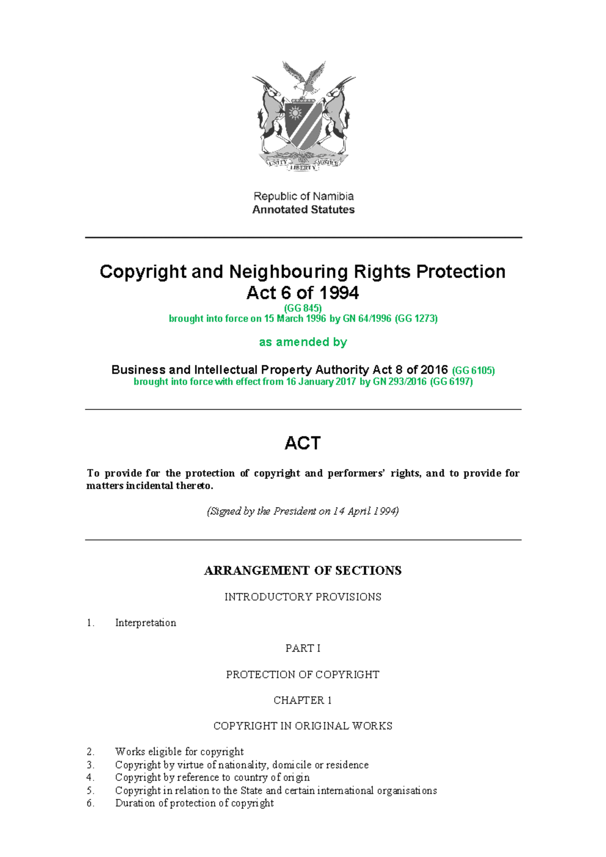 Copyright and Neighbouring Rights Protection Act 6 of 1994 - (Signed by ...