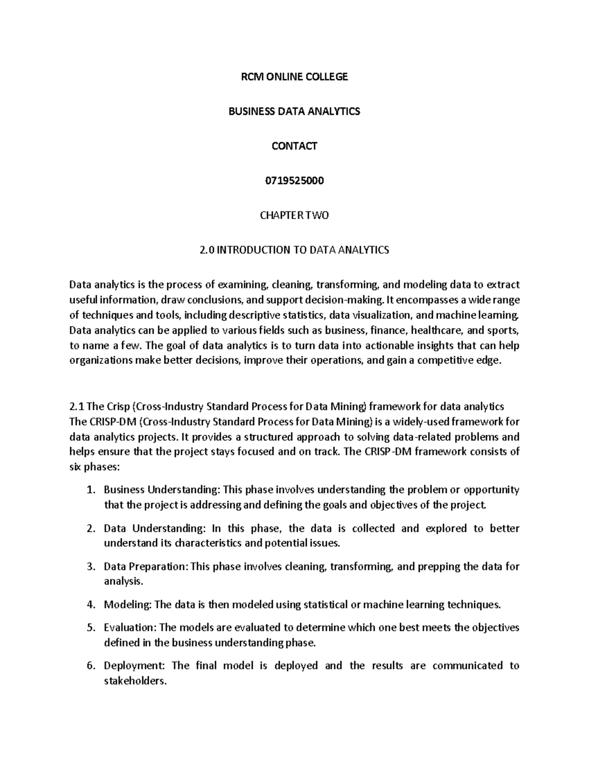 Data analytics notes chapter 2 - RCM ONLINE COLLEGE BUSINESS DATA ...