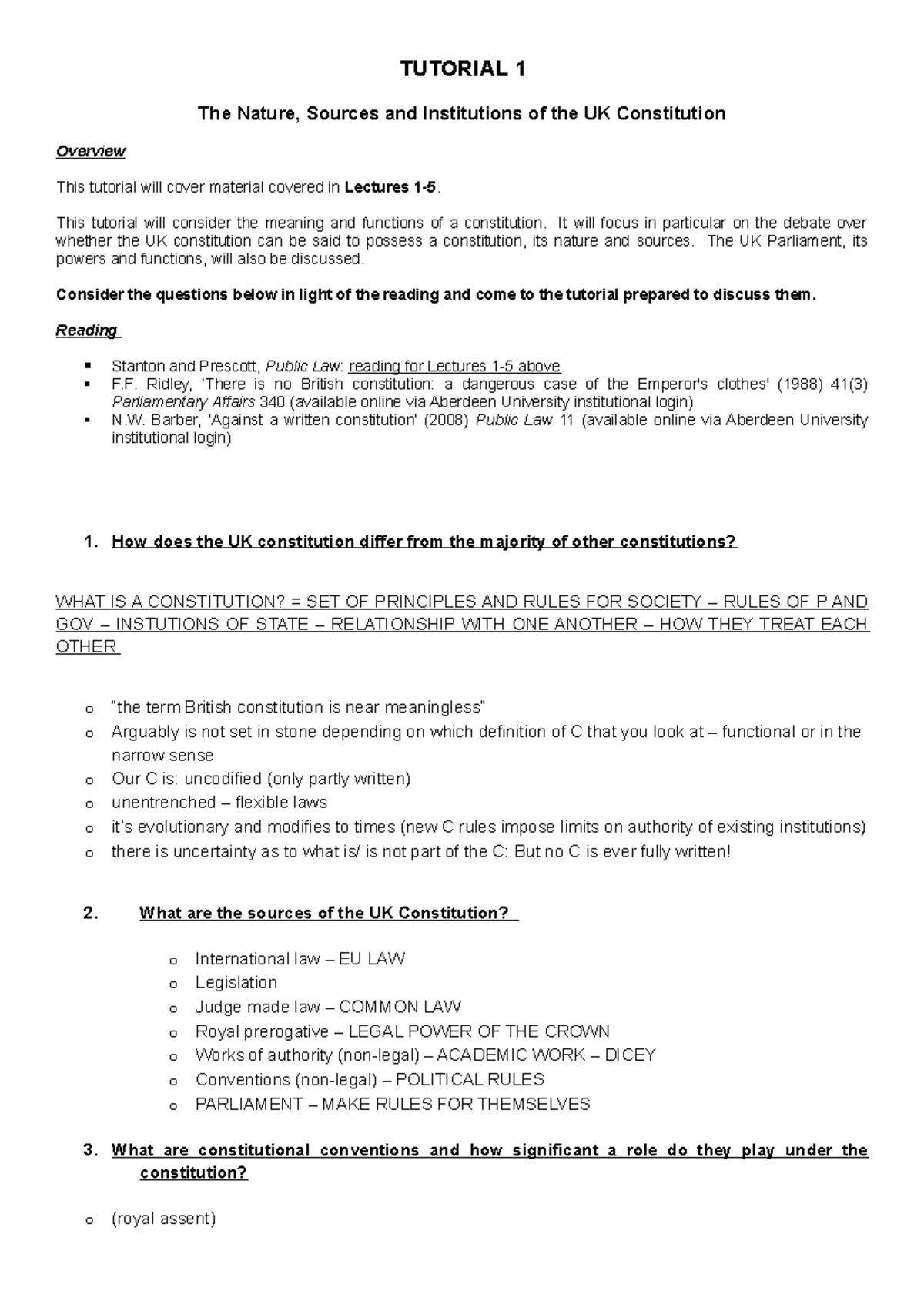 Tutorial 1 Uk Con What Is A Constitution Tutorial 1 The Nature Sources And Institutions Of