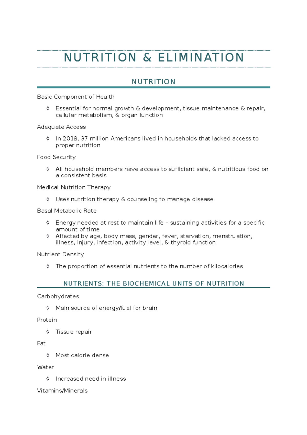 Nutrition - week 4 lecture note - N U T R I T I O N & E L I M I N AT I ...