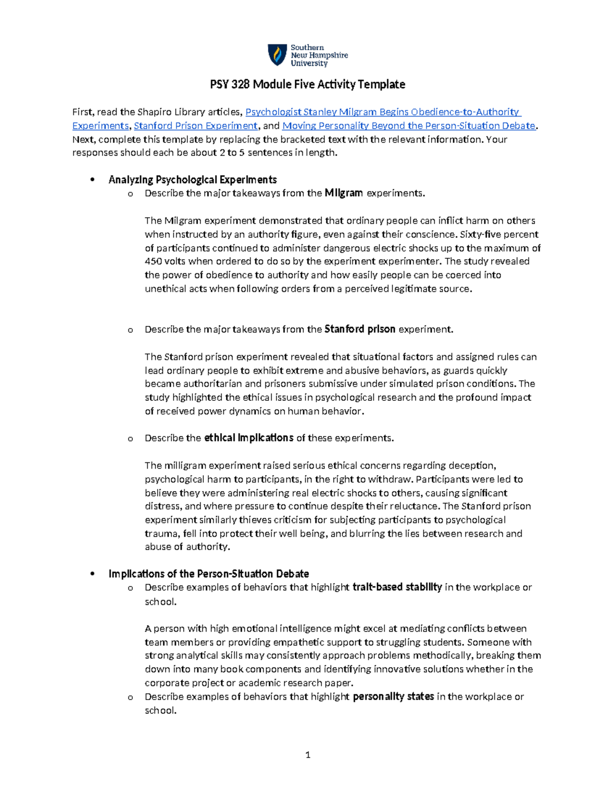 PSY 328 Module Five Activity - Next, complete this template by replacing the bracketed text with ...